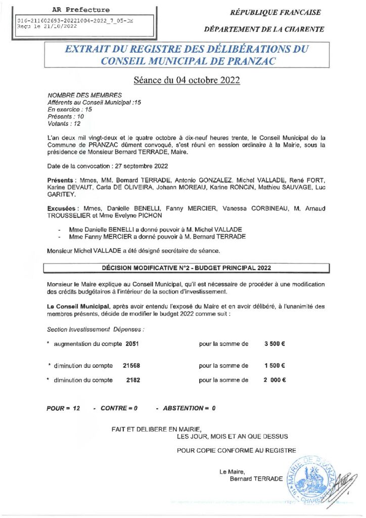 DÉcision Modificative N°2 Budget Principal 2022 Pranzac