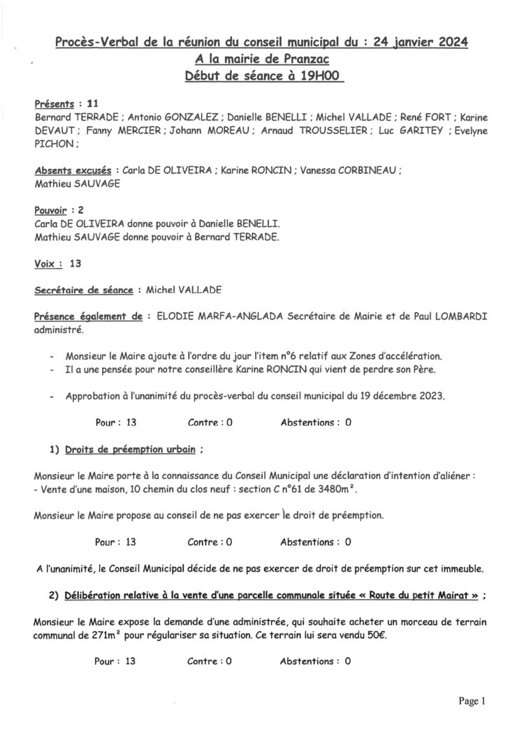 Procès-Verbal de la réunion du conseil municipal du 24 janvier 2024 - Pranzac