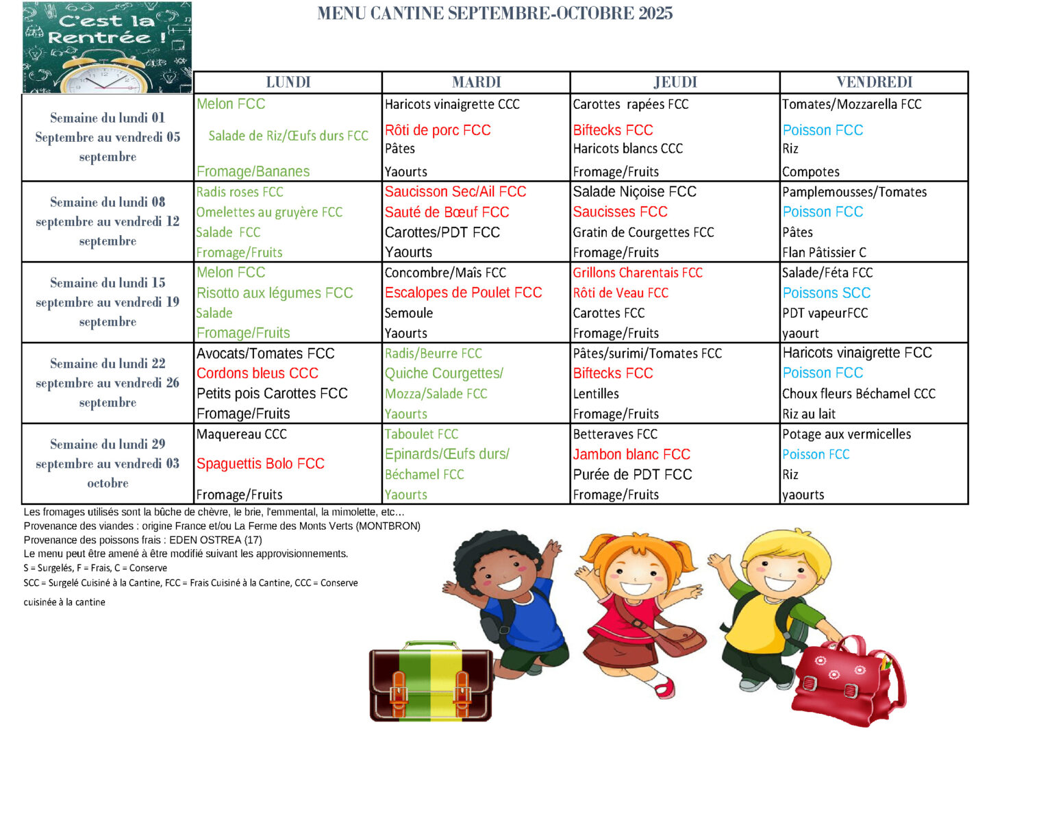 Menu cantine septembre-octobre 2025 - Pranzac