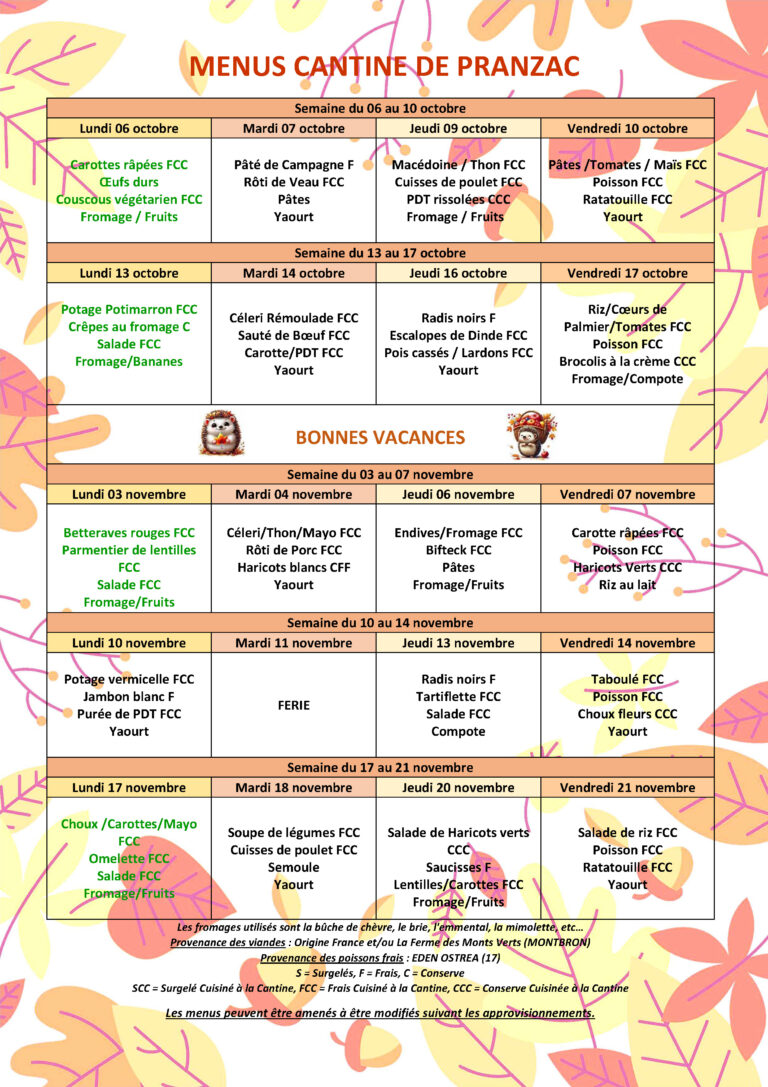 Menus cantine Octobre - Novembre 2025 - Pranzac