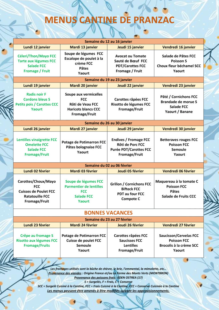 Menus cantine Janvier - Février 2026 - Pranzac